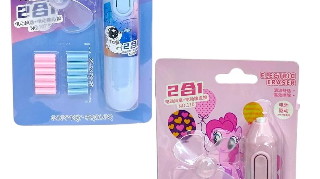 CARTOON AUTO ERASER WITH FAN 2 PACKS - Rainbows And Hues